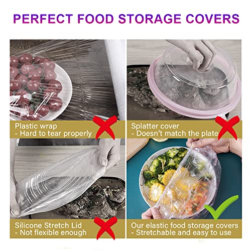 200PCS Plastic Elastic Bowl Covers Reusable, Plastic Food Covers with Elastic Food Storage Covers Bowl Covers for Leftover, Plastic Covers for Bowls for Family Outdoor Picnic Easter