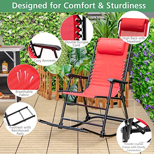 Giantex Rocking Camping Chair Folding - Outdoor Rocker Camping Chair w/Pillow High Back Ergonomic Armrests & Footrest, Foldable Rocking Lawn Chair for Patio Camping Lawn Backyard Garden (1, Red)