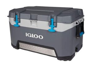 igloo bmx 72 quart cooler with cool riser technology, fish ruler, and tie-down points – 18.70 pounds – carbonite gray and blue