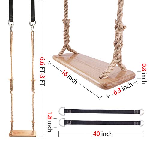 leofit Hanging Wooden Tree Swing 16 x 6.3 Adjustable 80 Inch Rope 40 Inch Connecting Strap Accessories for Backyard, Playground, Porch, Patio, Garden, Park, Home