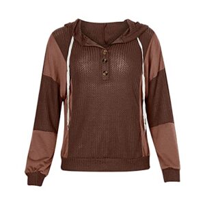 Women's Fashion Sweatshirt Classic Solid Color Long Sleeve V Neck Button Down Drawstring Pocket Workout Hoodies Blouse Coffee