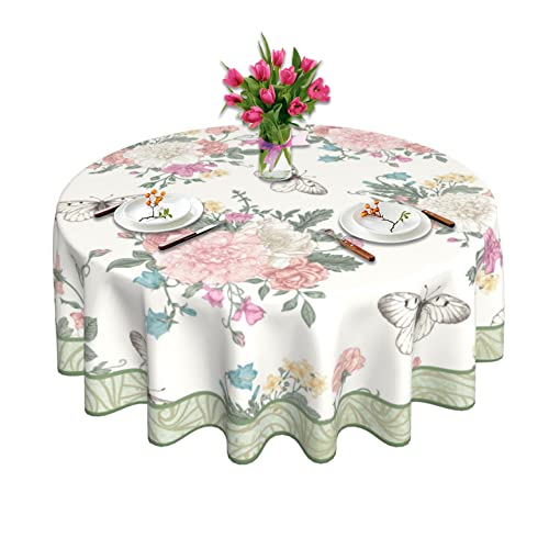 Round Tablecloth 60 Inch, Spring Floral Butterfly Green White Table Cloth for Rustic Farmhouse Kitchen Decor, Waterproof Wipeable Polyester Fabric Table Cover for Holiday Party Outdoor Camping Picnic