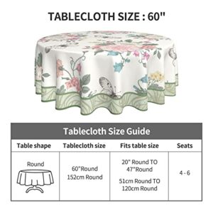 Round Tablecloth 60 Inch, Spring Floral Butterfly Green White Table Cloth for Rustic Farmhouse Kitchen Decor, Waterproof Wipeable Polyester Fabric Table Cover for Holiday Party Outdoor Camping Picnic