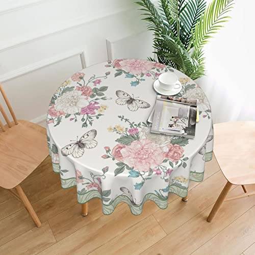 Round Tablecloth 60 Inch, Spring Floral Butterfly Green White Table Cloth for Rustic Farmhouse Kitchen Decor, Waterproof Wipeable Polyester Fabric Table Cover for Holiday Party Outdoor Camping Picnic