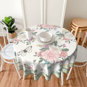 Round Tablecloth 60 Inch, Spring Floral Butterfly Green White Table Cloth for Rustic Farmhouse Kitchen Decor, Waterproof Wipeable Polyester Fabric Table Cover for Holiday Party Outdoor Camping Picnic