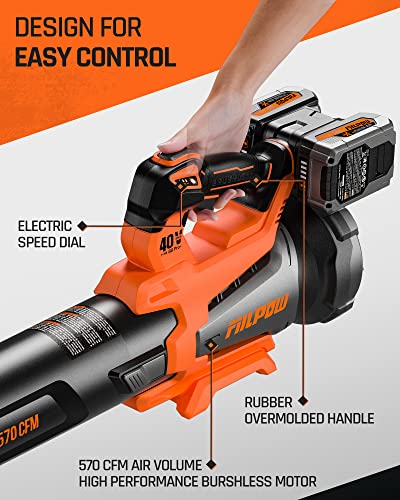 FIILPOW 40V 570CFM Leaf Blower, Brushless Leaf Blower Cordless with 2×4.0Ah Battery and Fast Charger, Turbo Mode and 3 Variable Speed Lock, Axial Fan, Blower for Lawn Care, Yard, Driveway, Walkway