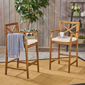 Christopher Knight Home Logan Outdoor Acacia Wood Barstool, Teak Finish/Cream