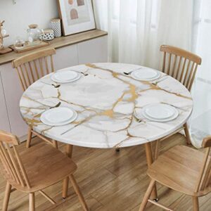 White and Gold Marble Tablecloth with Elastic Edge Fitted Table Cloth Waterproof Polyester Round Table Cover for Kitchen Indoor Dining Party Outdoor Patio Fit Table 45-50 inch