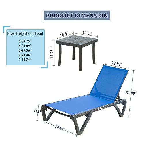 Domi Patio Chaise Lounge Set of 3,Pool Lounge Chairs Outdoor Aluminum Sling Sunbathing Tanning Chairs Outside Five-Position Recliner (2 Blue Lounges W/Side Table)