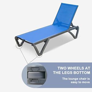 Domi Patio Chaise Lounge Set of 3,Pool Lounge Chairs Outdoor Aluminum Sling Sunbathing Tanning Chairs Outside Five-Position Recliner (2 Blue Lounges W/Side Table)