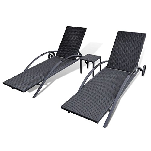 Tidyard 3 Piece Sun Lounger Set Backrest Adjustable Chaise Lounge Chairs with Patio Side Table and Wheels Cushioned Black Poly Rattan for Poolside, Deck, Backyard, Balcony, Garden Outdoor Furniture