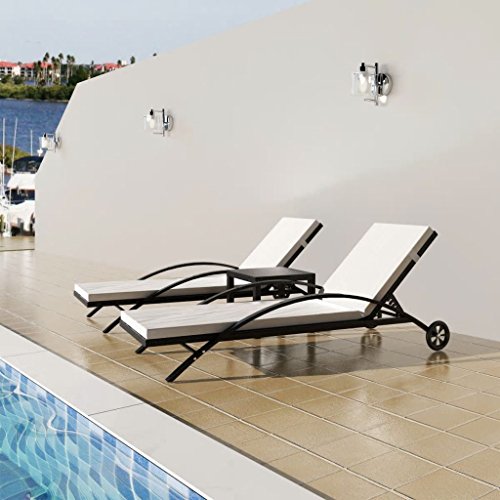 Tidyard 3 Piece Sun Lounger Set Backrest Adjustable Chaise Lounge Chairs with Patio Side Table and Wheels Cushioned Black Poly Rattan for Poolside, Deck, Backyard, Balcony, Garden Outdoor Furniture