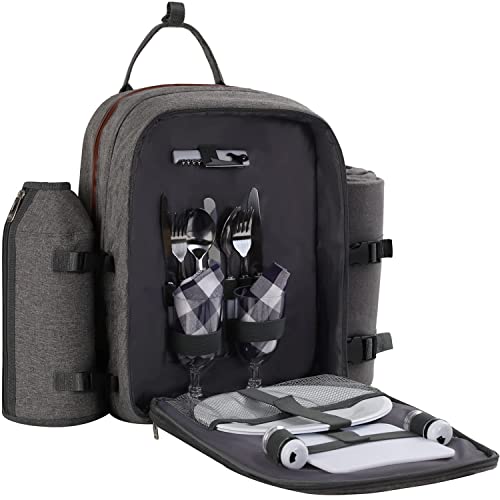 ALLCAMP OUTDOOR GEAR Picnic Backpack for 2 Person W/ Detachable Bottle/Wine Holder, Fleece Blanket, Plates and Cutlery Set (Grey)