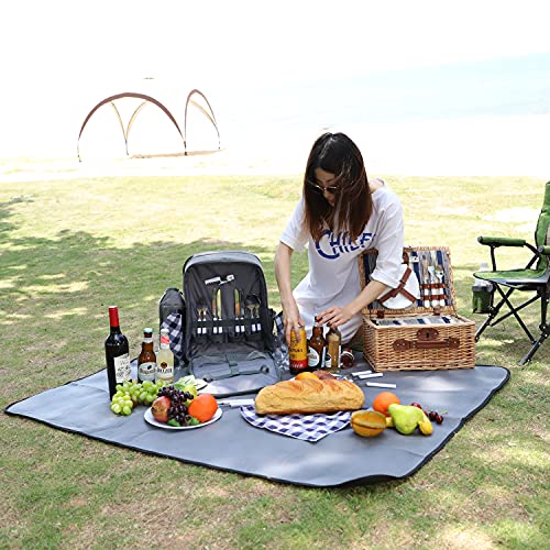 ALLCAMP OUTDOOR GEAR Picnic Backpack for 2 Person W/ Detachable Bottle/Wine Holder, Fleece Blanket, Plates and Cutlery Set (Grey)