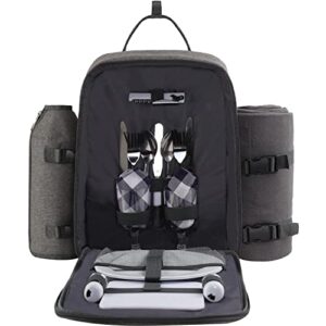 ALLCAMP OUTDOOR GEAR Picnic Backpack for 2 Person W/ Detachable Bottle/Wine Holder, Fleece Blanket, Plates and Cutlery Set (Grey)