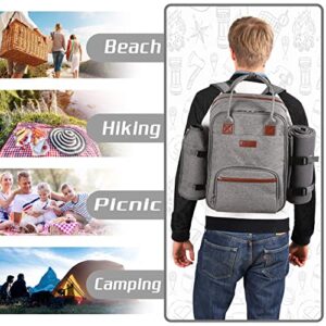 ALLCAMP OUTDOOR GEAR Picnic Backpack for 2 Person W/ Detachable Bottle/Wine Holder, Fleece Blanket, Plates and Cutlery Set (Grey)