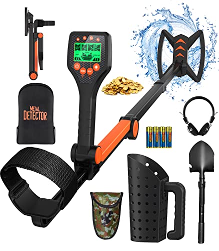 Foldable Metal Detector for Adults & Kids Beginners, 28" to 48" Adjustable LCD Display Metal Detector Kit with Sand Scoop Headphones, IP68 Waterproof, Lightweight Easy to Use