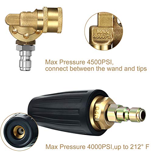 4000 Psi Pressure Rotating Turbo Nozzle 4.0 Gpm Quick Connector with 4500 Psi Pivoting Coupler with 7 Pieces Spray Nozzle Tips Kit Multiple Degrees (0, 15, 25, 40, 65 Degrees, Rinse1, Soap2)