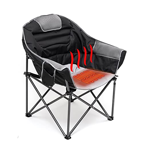 SUNNYFEEL Oversized Heated Camping Chair, Padded Camp Chair Round Moon Saucer Folding Lawn Chair Outdoor Club Chair Heavy Duty 500 LBS with Cup Holder, Armrest for Lounge Patio