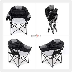 SUNNYFEEL Oversized Heated Camping Chair, Padded Camp Chair Round Moon Saucer Folding Lawn Chair Outdoor Club Chair Heavy Duty 500 LBS with Cup Holder, Armrest for Lounge Patio