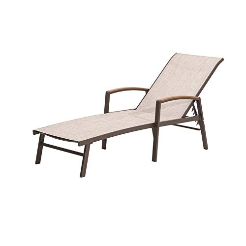 Pellebant Adjustable Aluminum Patio Chaise Lounge Chair with Polywood Arms, 5 Positions and Lay Flat, Outdoor Recliners, Easy Assembly, All Weather Furniture for Beach, Pool and Yard, 1PC, Beige