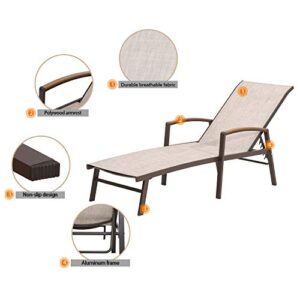 Pellebant Adjustable Aluminum Patio Chaise Lounge Chair with Polywood Arms, 5 Positions and Lay Flat, Outdoor Recliners, Easy Assembly, All Weather Furniture for Beach, Pool and Yard, 1PC, Beige