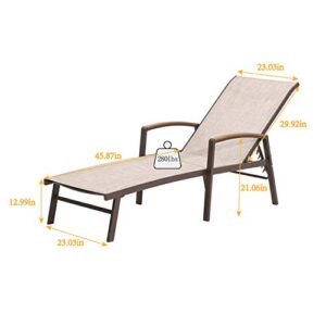 Pellebant Adjustable Aluminum Patio Chaise Lounge Chair with Polywood Arms, 5 Positions and Lay Flat, Outdoor Recliners, Easy Assembly, All Weather Furniture for Beach, Pool and Yard, 1PC, Beige