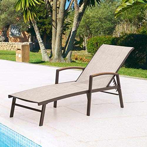 Pellebant Adjustable Aluminum Patio Chaise Lounge Chair with Polywood Arms, 5 Positions and Lay Flat, Outdoor Recliners, Easy Assembly, All Weather Furniture for Beach, Pool and Yard, 1PC, Beige