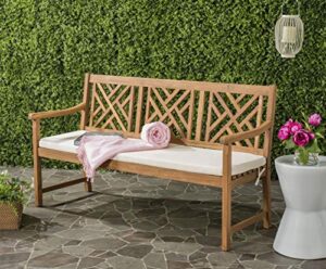 safavieh pat6738a outdoor collection bradbury 3 seat bench, natural/beige