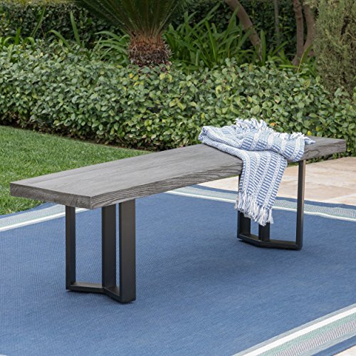 Christopher Knight Home Verona Outdoor Lightweight Concrete Dining Bench, Textured Grey Oak / Black