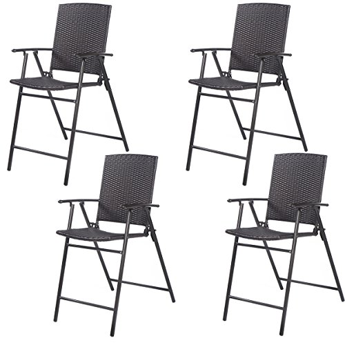 ReunionG 4PCS Wicker Rattan Chairs, Folding Tall Stool Chairs, Steel Frame Rattan Furniture Set with Adjustable Back, for Outdoor Indoor Bar Garden Patio (Set of 4 Rattan Wicker)