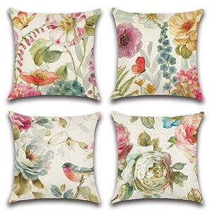 artscope set of 4 waterproof throw pillow covers 18×18 inches, colorful flowers bird and butterfly pattern decorative cushion covers, perfect to outdoor patio garden living room sofa farmhouse decor