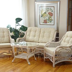 Malibu Lounge Set of 4: 2 Natural Rattan Wicker Chairs, Loveseat with Cream Cushions and Coffee Table w/Glass Handmade, White Wash