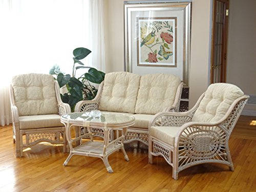 Malibu Lounge Set of 4: 2 Natural Rattan Wicker Chairs, Loveseat with Cream Cushions and Coffee Table w/Glass Handmade, White Wash