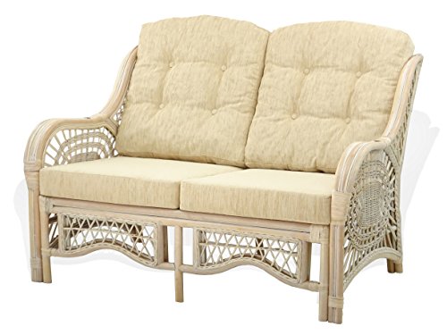 Malibu Lounge Set of 4: 2 Natural Rattan Wicker Chairs, Loveseat with Cream Cushions and Coffee Table w/Glass Handmade, White Wash