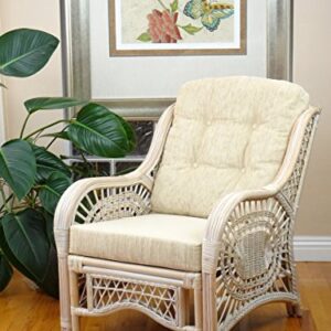 Malibu Lounge Set of 4: 2 Natural Rattan Wicker Chairs, Loveseat with Cream Cushions and Coffee Table w/Glass Handmade, White Wash