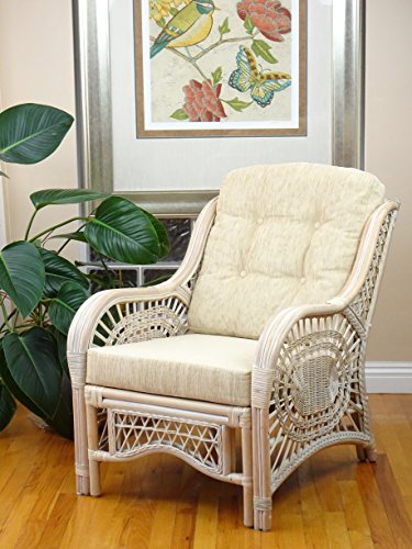 Malibu Lounge Set of 4: 2 Natural Rattan Wicker Chairs, Loveseat with Cream Cushions and Coffee Table w/Glass Handmade, White Wash