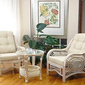 Malibu Lounge Set of 4: 2 Natural Rattan Wicker Chairs, Loveseat with Cream Cushions and Coffee Table w/Glass Handmade, White Wash