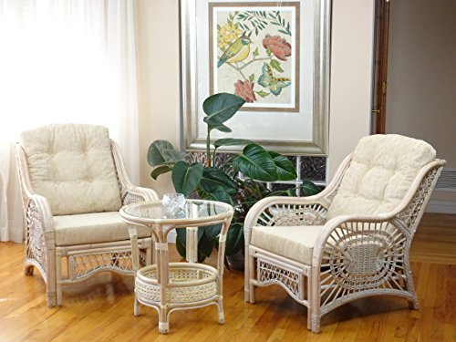 Malibu Lounge Set of 4: 2 Natural Rattan Wicker Chairs, Loveseat with Cream Cushions and Coffee Table w/Glass Handmade, White Wash