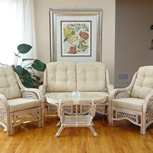 Malibu Lounge Set of 4: 2 Natural Rattan Wicker Chairs, Loveseat with Cream Cushions and Coffee Table w/Glass Handmade, White Wash