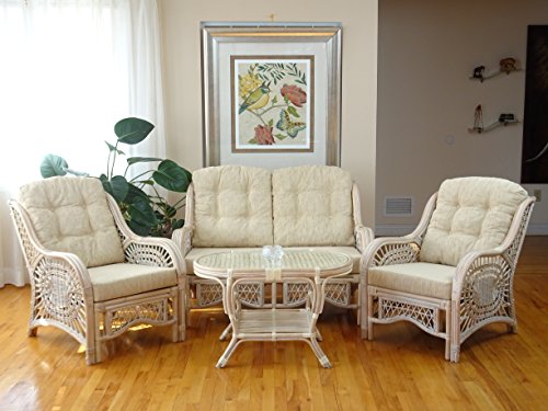 Malibu Lounge Set of 4: 2 Natural Rattan Wicker Chairs, Loveseat with Cream Cushions and Coffee Table w/Glass Handmade, White Wash