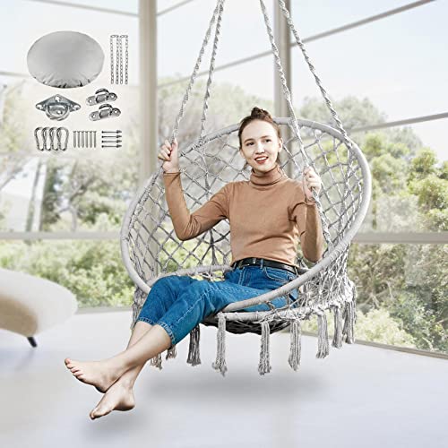 Greenstell Swing Hanging Chair, Hold Up to 350LBS/158KG Hammock Chair with Hanging Kits and Removable & Washable Cushion, Cotton Rope Macrame Swing Chair for Outdoor, Indoor, Grey