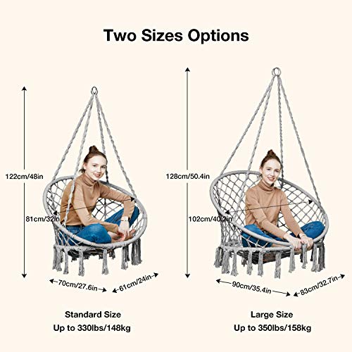 Greenstell Swing Hanging Chair, Hold Up to 350LBS/158KG Hammock Chair with Hanging Kits and Removable & Washable Cushion, Cotton Rope Macrame Swing Chair for Outdoor, Indoor, Grey