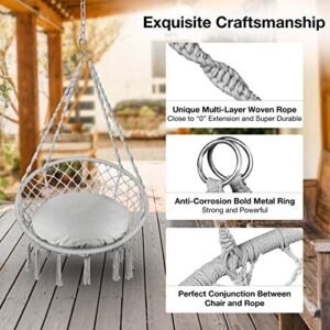 Greenstell Swing Hanging Chair, Hold Up to 350LBS/158KG Hammock Chair with Hanging Kits and Removable & Washable Cushion, Cotton Rope Macrame Swing Chair for Outdoor, Indoor, Grey