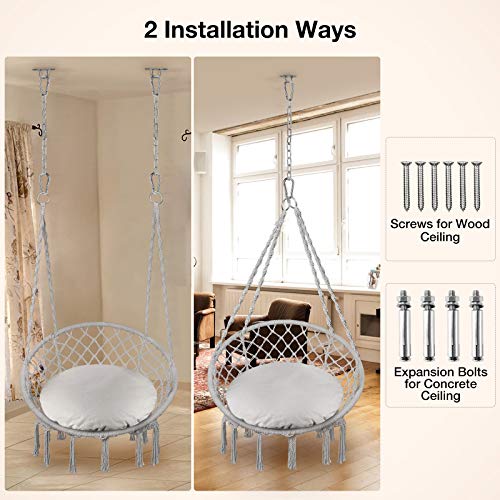 Greenstell Swing Hanging Chair, Hold Up to 350LBS/158KG Hammock Chair with Hanging Kits and Removable & Washable Cushion, Cotton Rope Macrame Swing Chair for Outdoor, Indoor, Grey