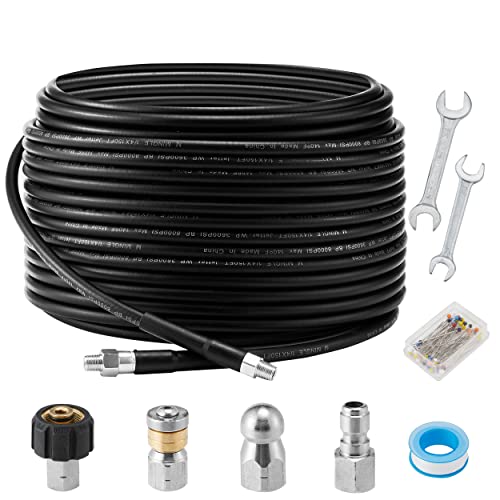 M MINGLE 150 Feet Sewer Jetter Kit for Pressure Washer, 1/4 Inch NPT, Drain Cleaning Hose, Button Nose, and Rotating Sewer Jetting Nozzle, Orifice 4.0, 4.5, 3600 PSI