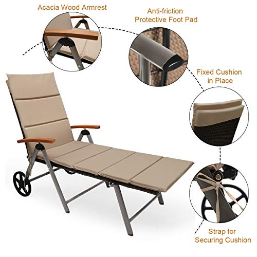 Outdoor Chaise Lounge with 2 Wheels for Easy Movement Folding Recliner 7 Adjustable Position Rattan Lounge Chair Heavy Duty Aluminum Tube Construction Perfect for Patio Garden Beach Pool Side Using