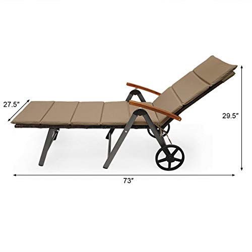 Outdoor Chaise Lounge with 2 Wheels for Easy Movement Folding Recliner 7 Adjustable Position Rattan Lounge Chair Heavy Duty Aluminum Tube Construction Perfect for Patio Garden Beach Pool Side Using