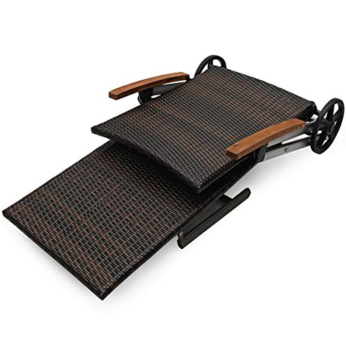 Outdoor Chaise Lounge with 2 Wheels for Easy Movement Folding Recliner 7 Adjustable Position Rattan Lounge Chair Heavy Duty Aluminum Tube Construction Perfect for Patio Garden Beach Pool Side Using