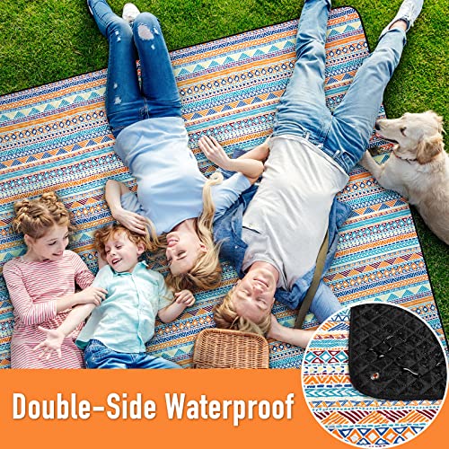 PY SUPER MODE Picnic Blankets Extra Large, Waterproof Foldable Outdoor Beach Blanket Oversized 83x79” Sandproof, 3-Layer Picnic Mat for Camping, Hiking, Travel, Park, Concerts(Orange Boho)